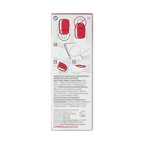 KISS imPRESS Color Polish-Free Solid Color Press-On Nails, PureFit Technology, Short Length, 'Reddy or Not', Includes Prep Pad, Mini Nail File, Cuticle Stick and 30 Fake Nails