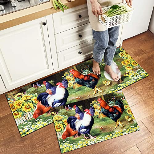 DOZARMOTA Rooster Kitchen Rug 2 Piece Set, Farmhouse Chicken Kitchen Rugs and Mats Non Skid Washable for Floor Anti Fatigue Sunflower Decor Kitchen Mat 17"x47"+17"x30"