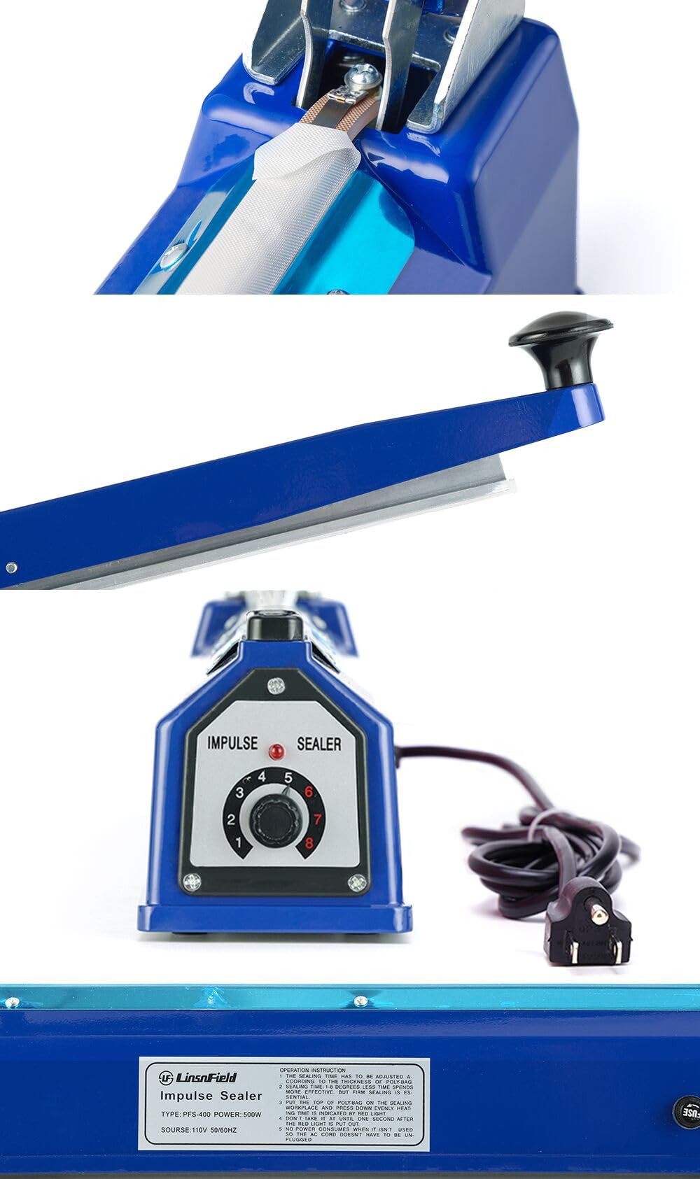 LinsnField Sealer Pro - 8 inch Impulse Heat Sealer - 2mm Sealing Width - Manual Heat Sealer Machine for All Bags - Most Heavy Duty for Strong, Secure Sealing for Long Term Food Storage, Deep Blue