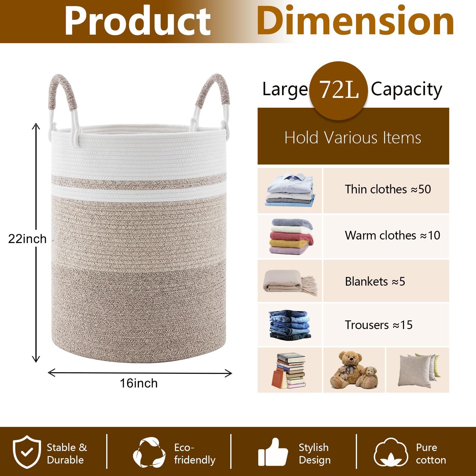 Laundry Basket, Woven Rope Laundry Hamper with Handles, Large Decorative Storage Basket for Clothes and Blankets in Living room (Jute & White, 72L)