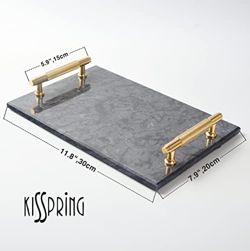 Kisspring Natural Marble Tray with Golden Embossed Handle,Stone Bathroom Tray, Decorative Tray with Metal Handle for Bathroom Kitchen Vanity Dresser Nightstand Desk, (White)