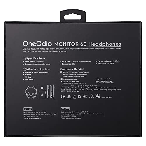 OneOdio Monitor 60 Professional Studio Headphones - Recording Wired Over Ear Headphones, Hi-Res Audio, Soft Comfortable Earmuffs, 6.35mm (1/4") Adapter for Tracking Mixing DJ Mastering Broadcast
