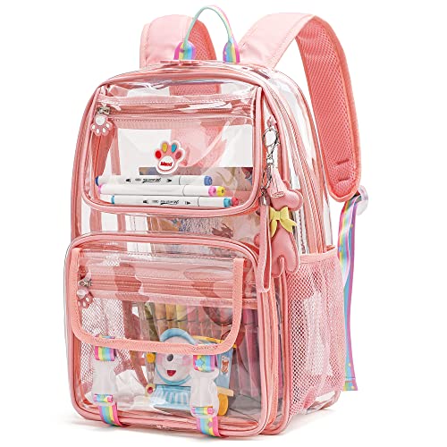 Maod Clear Backpack Heavy Duty Stadium Approved PVC Transparent Large School Book Bag with Free Sticker and A Pendant (Pink)