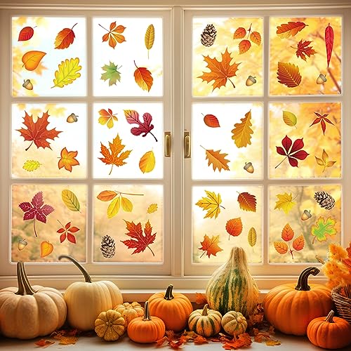 Suponar Fall Window Clings, 8 Sheet Fall Window clings for Glass Windows, Fall Decorations for Home, Fall Leaves Window Stickers for Thanksgiving Autumn Fall Décor