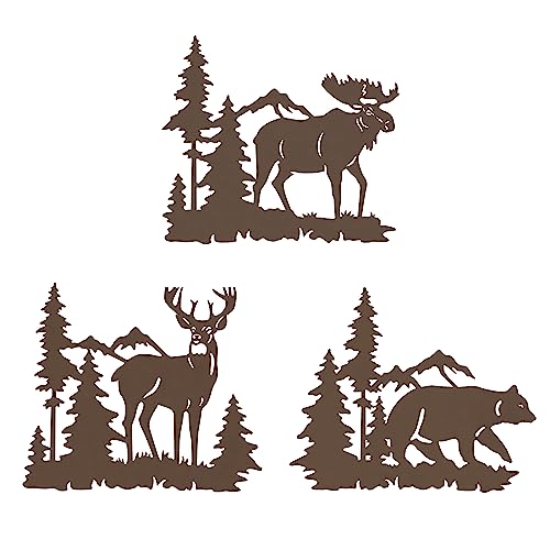 WAIU Metal wall art decor,deer bear moose in the forest pine tree, set of 3 Rustic Concise Decoration Hanging for living room bedroom bathroom indoor outdoor, Lodge, Hunting, Cabin Wall Decor