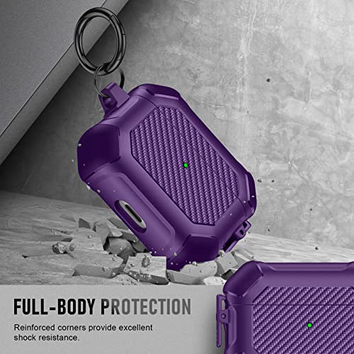 Maxjoy Compatible with AirPods Pro Case, Carbon Fiber Secure Lock Clip Full Body Shockproof Hard Shell Protective Case Cover with Keychain for AirPod Pro (2019), Purple