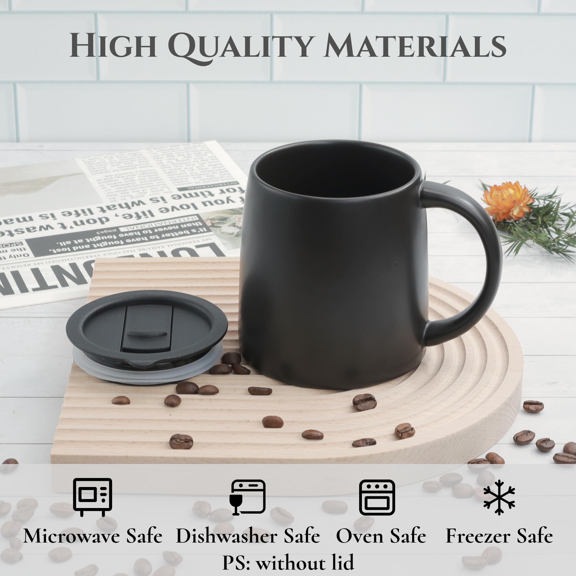 LINVIA Classic Mug, 16 oz Large Coffee Mug with Handle, Ceramic Porcelain Tea Cup, Smooth Matte (Sliding Lid, Black)