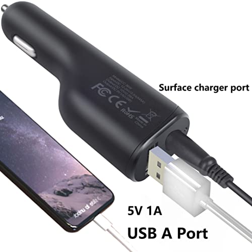 Surface Pro Car Charger Surface Laptop Car Charger, 36W 12V 2.58A Power Supply for Microsoft Surface Pro 3/4/5/6/Book/Go, Surface Laptop car Charger with USB 2.0 Port (5Ft Cord) Include Travel Case
