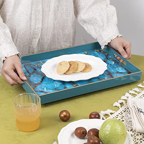 MAONAME Blue Decorative Tray, Plastic Serving Tray with Handles, Coffee Table Tray with Tempered Glass Film, Rectangle Ottoman Tray for Living Room, Bathroom, 15.7β x 10.2β