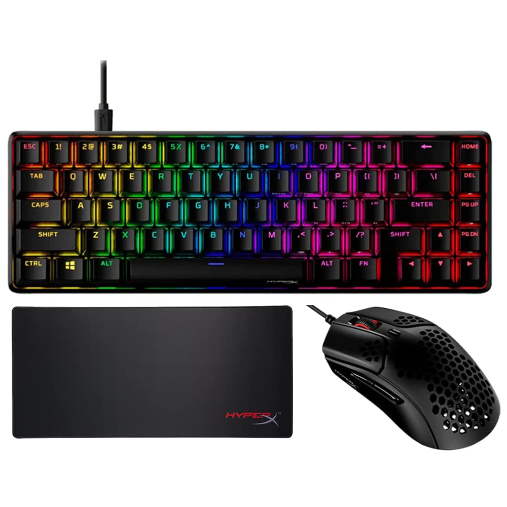 HyperX 4P5D6AA Alloy Origins 65 Mechanical Gaming Keyboard (US Layout) Bundle with HyperX Pulsefire Haste Gaming Mouse (Black) and HyperX Fury S Pro X-Large Gaming Mouse Pad (Black)