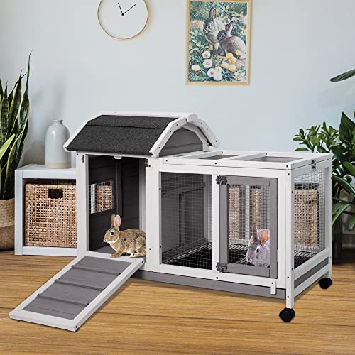 Ketive Rabbit Hutch Indoor- Rabbit cage Outdoor Bunny Hutch Outdoor Bunny Cage Fir Wooden Rabbit cage on 4 Lockabl Wheels Guinea Pig Cages with Ramp Small Animals Hideout Deep No Leak Pull Out Tray