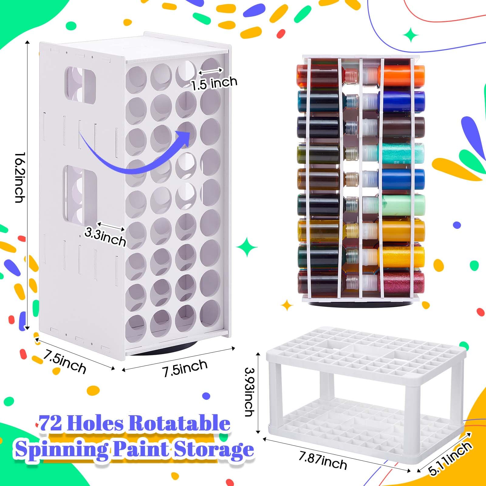 Juexica Acrylic Paint Organizer Craft Paint Storage for 2 oz Craft Paints with Paintbrush Stand Vertical Paint Organizer Holder Wall Mounted Stand Plastic 360 Spinning Paint Storage Tower(72 Holes)