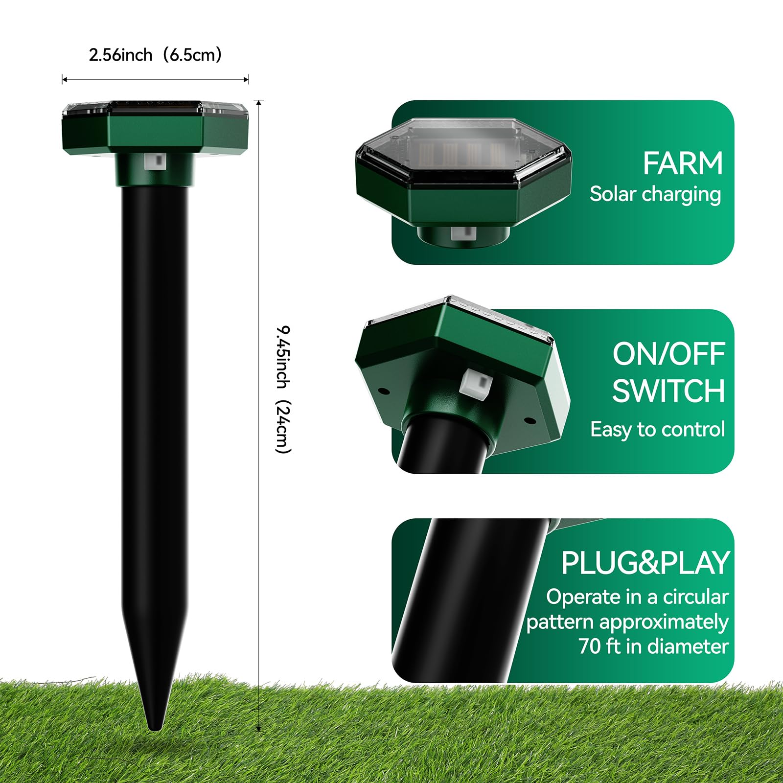 Mole Repellent Solar Powered 4 Pack buzzkick Solar Mole Repellent Ultrasonic Rodent Repeller,Vole Repellent Outdoor,Ultrasonic Pest Repeller for Yard