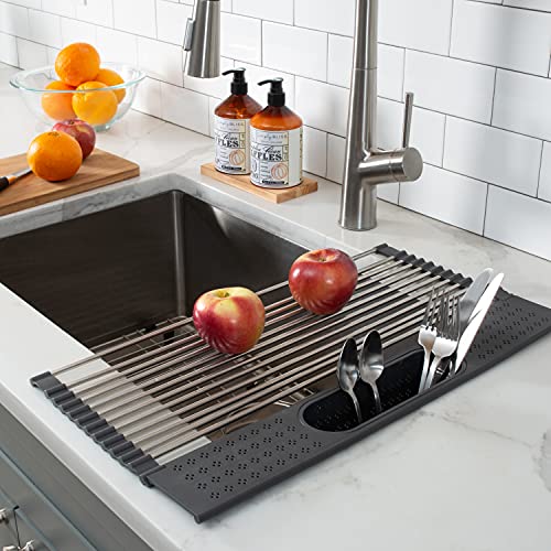 Kitchen Details Over The Sink Drying Rack with Utensil Holder | Roll Up for Storage | Stainless Steel | Drain Tray | BPA Free | Food Safe | Space Saving | Grey