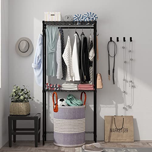 Xiofio Over The Washer and Dryer Storage Shelf 2 Tier Adjustable Height Shelving Units and Side Hook Laundry Shelves Used for Bathroom Bedroom Balcony Drying Rack Towel Rack Handbag Rack ,Black