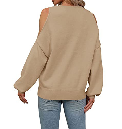 MaQiYa Women's V Neck Cold Shoulder Sweaters Oversized Batwing Long Sleeve Chunky Knit Pullover Sweater Tops Khaki