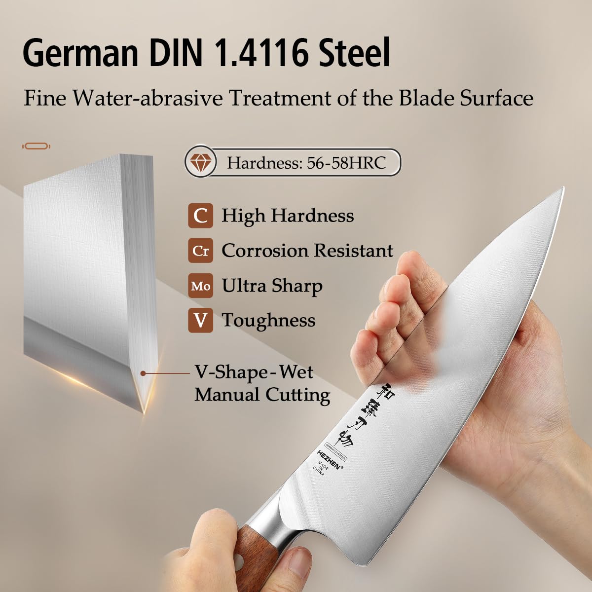 HEZHEN Pro Chefs Knives 8.3 Inch,High Carbon German 1.4116 Steel,Stainless Steel Rivets with Red Wood Handle,Razor Sharp,Super Edge,with Woodern Knife Sheath