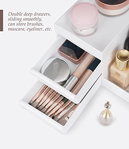 Makeup Desk Cosmetic Storage Box Organizer with Drawers for Dressing Table, Vanity Countertop, Bathroom Counter, Elegant Vanity Holder for Brushes, Eyeshadow, Lotions, Lipstick and Nail Polish (White)