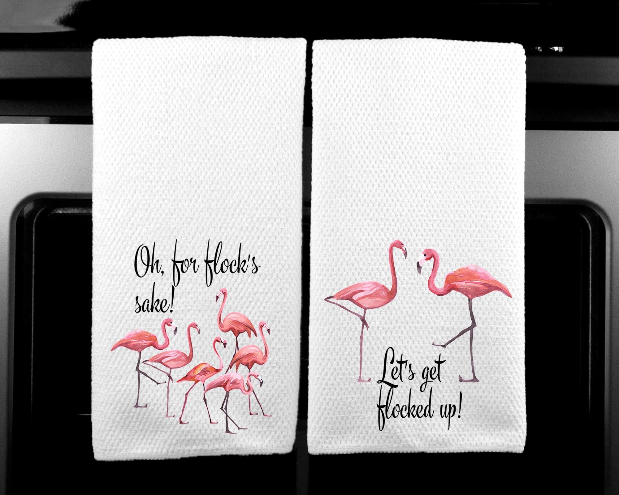 Flocks Sake and Flocked Up Retro Flamingo Funny Saying Kitchen Towel Gift - Set of 2