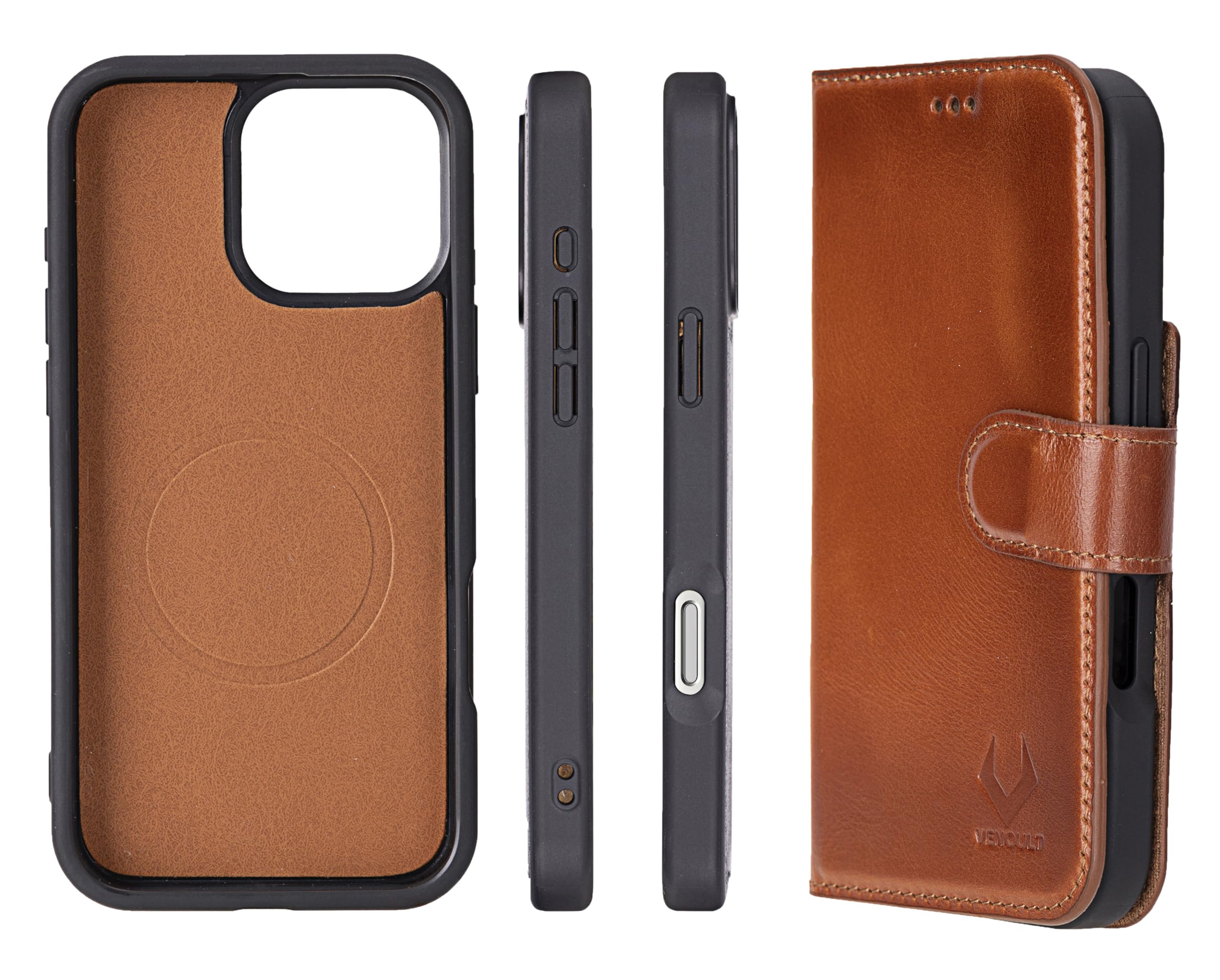 VENOULT Wallet Case for iPhone 16 Pro MAX 6.9" / 16 Pro 6.3" / 15 Pro MAX /14/13 Pro and All Previous Series, [Compatible with MagSafe], Man or Women, 4 Card Holder, Full Grain Genuine Leather, RFID
