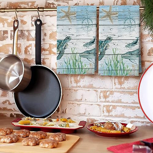 Kitchen Towels Sea Whale Starfish Absorbent Tea Towel Soft Hand Dish Towel Rustic Wood Ocean Compass Blue Reusable Washable Cleaning Cloth Bath Towels for Bathroom Bar for Everyday Cooking (Pack of 1)