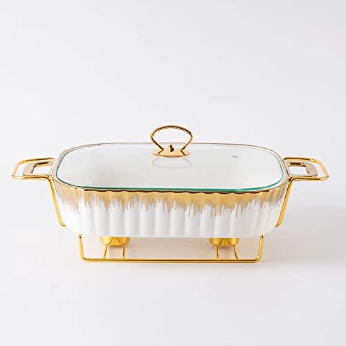 Rectangular Porcelain Casserole Warming Trays for Food, Ceramics Chafers, and Buffet Warmers Sets, Gold Plating Serving Dishes (Large 2.4 quarts)