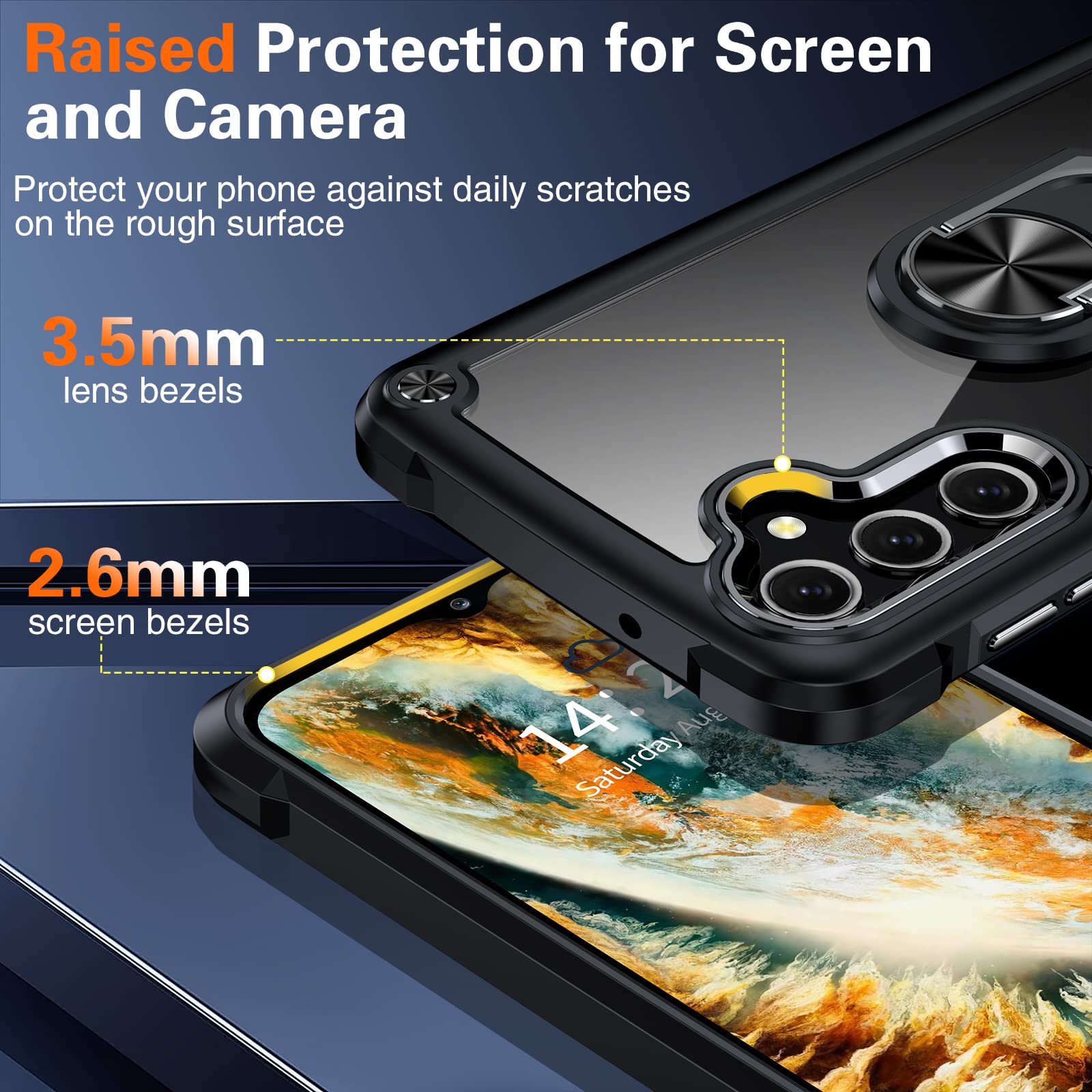 GOLDJU for Samsung Galaxy A14 5G Case, Galaxy A14 Case with [1P Screen Protector]& [1P Camera Lens Protector]& [Metal Kickstand]& [10FT Military Grade Drop Protection] Clear Back 2023(Black)