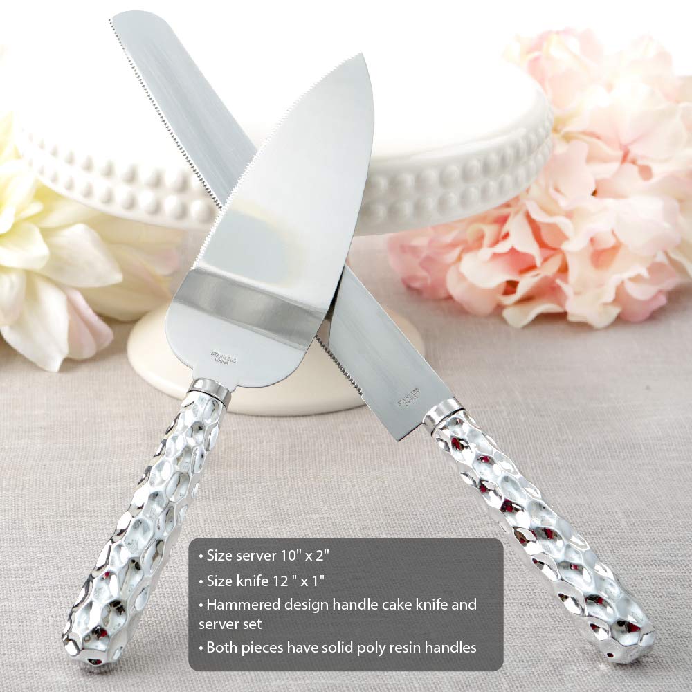 FASHIONCRAFT Hammered Design Handle Cake Knife and Server Set – Wedding Favor, One Size, Stainless Steel Blades with Shiny Silver Handles