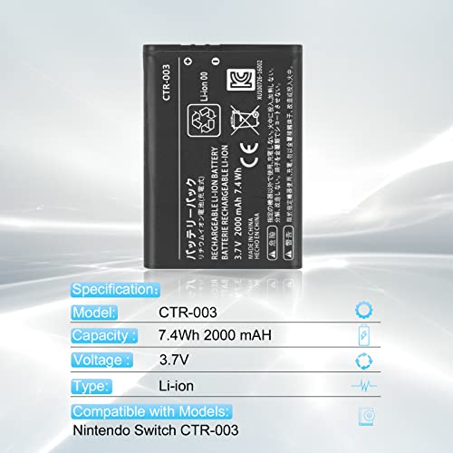 JUBOTY [2000mAh Capacity CTR-003 Battery for Nintendo 2015 Old 3DS 2DS NEW2DSLL Gaming Console, Li-ion New 0 Cycle Internal New Upgrade Battery Replacement with Repair Tool