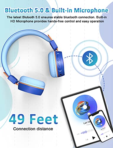 New bee Kids Bluetooth Headphones with Microphone Bluetooth 5.0 Wireless Kids Headphones with 32H Playtime/94dB Volume Limited On Ear Headphones for School/Girls/Boys/iPad/Fire Tablet(Blue)