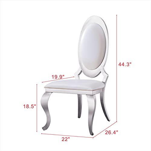 HomVent Modern Leatherette Dining Chair Set of 2, Comfortable Upholstered Kitchen Chairs w/Oval Backrest & Silver Stainless Legs, Tall High Back Dining Side Chairs Reception Chair (White Leather)