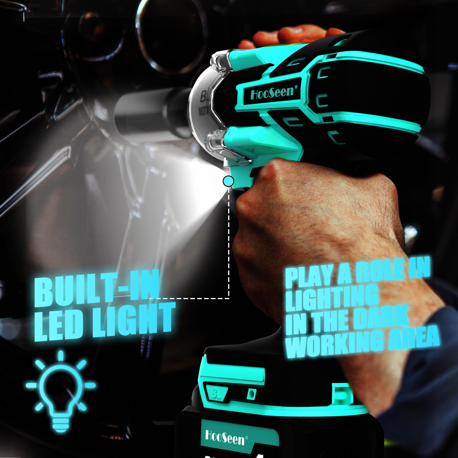 HooSeen Power Cordless Impact Wrench - 1/2 inch 21V Brushless Impact Gun Max Torque 445 Ft-lbs (600N.m), Electric Impact Wrenches with 4.0Ah Li-ion Battery & Fast Charger (Light Blue)