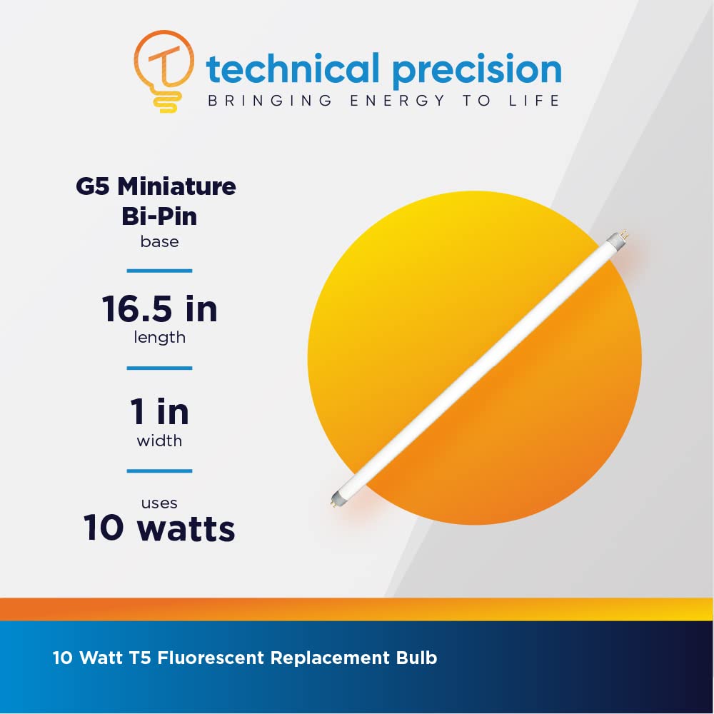 F10T5 Fluorescent Bulb by Technical Precision - 10 Watt Warm White 3000K Fluorescent Tube T5 - Overall Height 16.25 Inches - Great for Fixtures, Counters, and Cabinets - 1 Pack