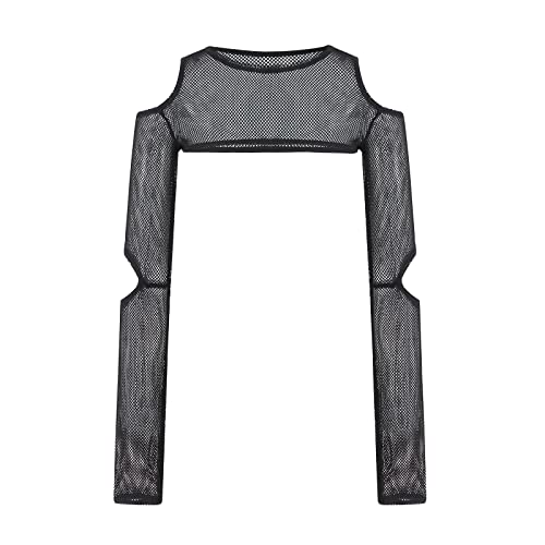 Villagepageme Rave Tops for Women Sheer Mesh Long Sleeve Crop Top See Through Cover Ups with Buckle (G-Black, L)