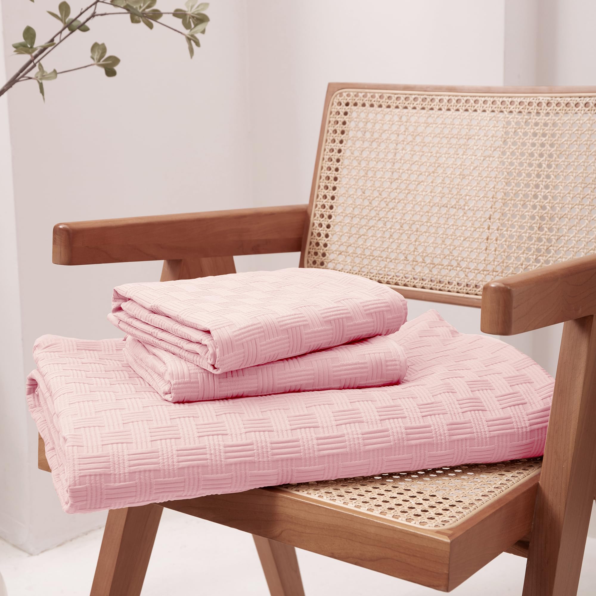 JELLYMONI Pink Duvet Cover Full Size - 3 Pieces Soft and Breathable Microfiber Knitted Jacquard Waffle Weave Striped Comforter Cover with 8 Corner Ties & Zipper Closure
