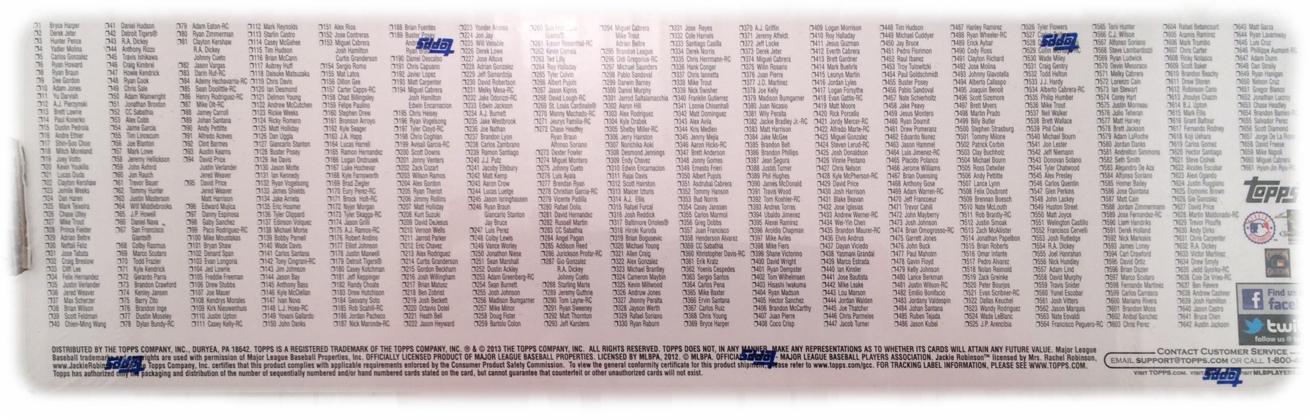Topps 2013 Baseball Complete Set - 660 Cards - Jackie Robinson Chrom Refractor Cards Inside