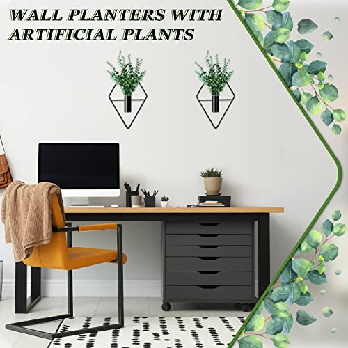 Jexine 2 Pcs Hanging Planters with Artificial Plants Metal Hanging Vase Indoor Plants Holder Modern Geometric Wall Decor for Living Room Home Office (Black, Eucalyptus)