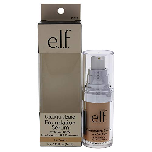 e.l.f. Beautifully Bare Foundation Serum SPF 25, Luminous, Lightweight, Sheer Coverage, Minimizes Pores & Fine Lines, Brightens, Restores, Dewy Finish, For All Skin Types, Fair/Light 0.476 Fl Oz