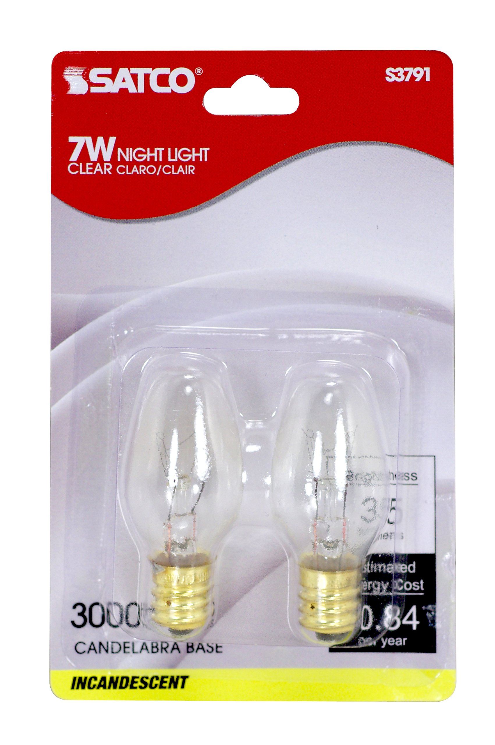 Satco S3791 120V 2/Card Candelabra Base 7-Watt 7C7 Night Light Bulb, Clear