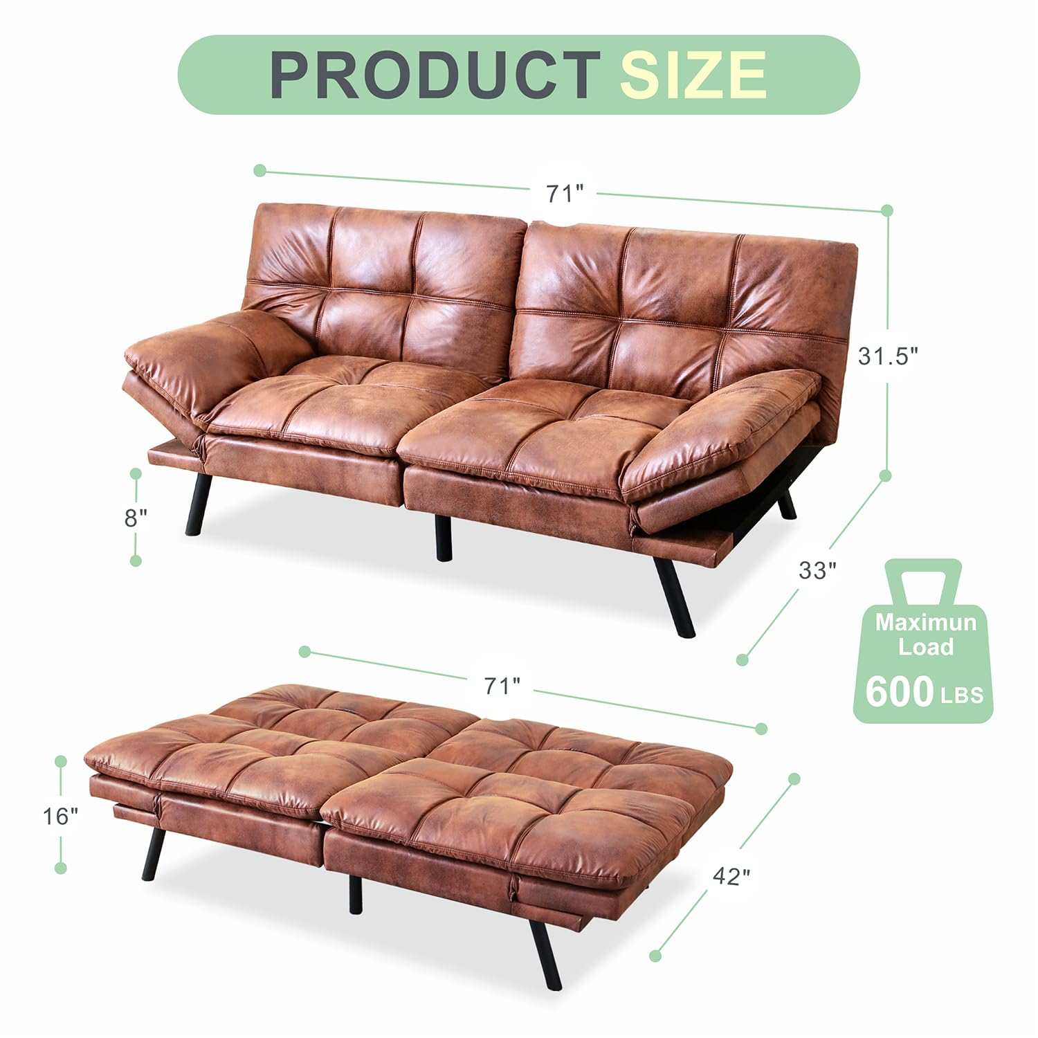 MUUEGM Futon Sofa Bed,Convertible Futon Couch, Memory Foam Futon, Sofa Bed Couch,Modern Loveseat Sofa,Comfy Sleeper Sofa for Compact Space,Apartment, Living Room,Easy Assemble,Brown