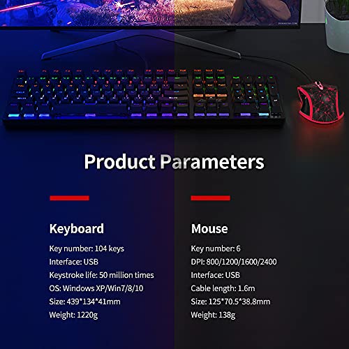 summina Mechanical Keyboard Combo USB Wired Gaming Keyboard Set 104 Keys Mixed Light Keyboard with Blue Switch