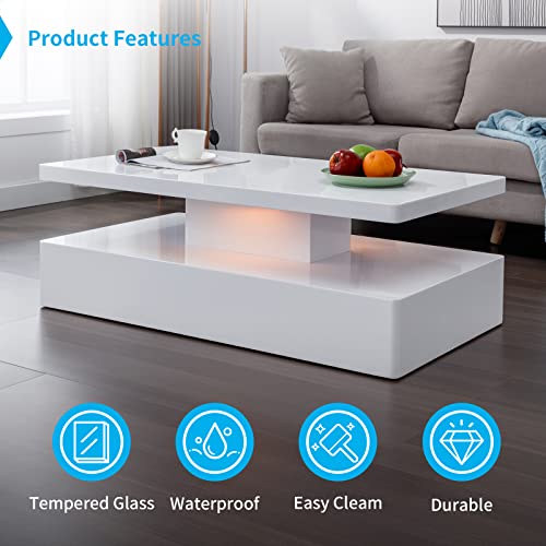 TABU Modern Led Coffee Table, High Gloosy Coffee Table with 12 Colors Lights, Rectangle Smart Table, Living Room Center/End Table with Lights, Living Room Table Furniture (White)