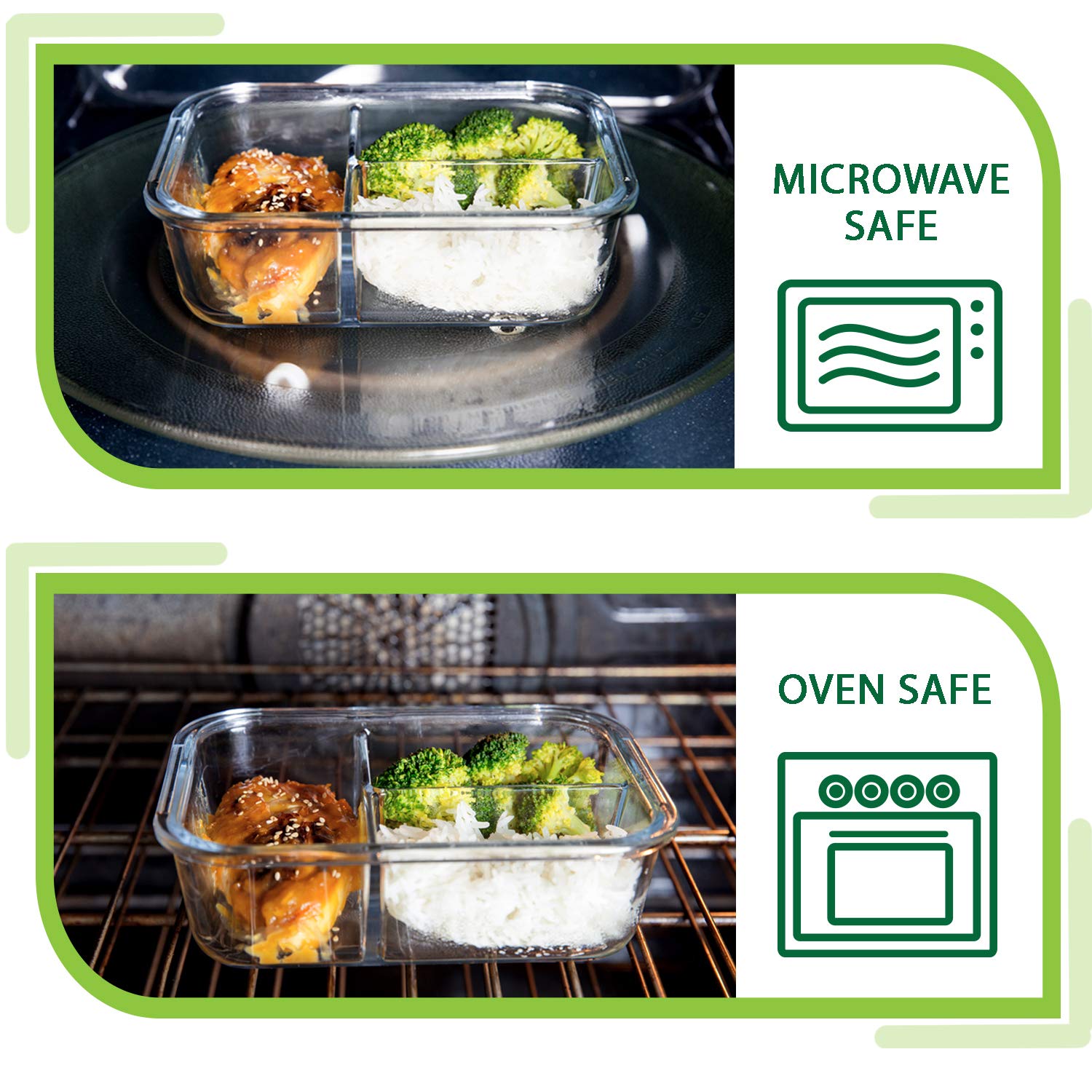 Glass Meal Prep Containers - 4-Pack 35 Oz. 3 Compartment Bento Box Lunch Containers | Bento Lunch Box Portion Control Containers | 3 Compartment Food Containers
