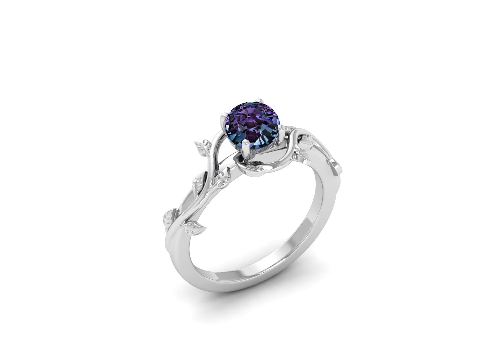 Foreverblings Sterling silver 925 alexandrite color changing stone Ring leafs vine twig ring round cut ring promise ring propose ring engagement ring gift for women (7.5)