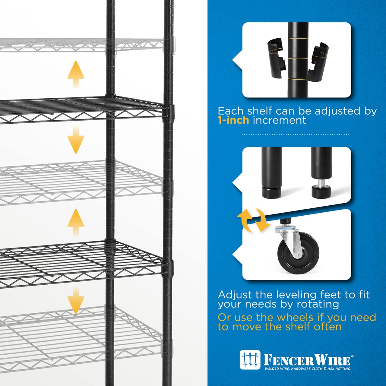 Fencer Wire 4-Tier Commercial Grade Heavy Duty Adjustable Height Wire Shelving w/Casters & Leveling Feet, Garage Shelving Storage Organizer, Storage Metal Steel Shelf, Utility Storage Shelf, Black.