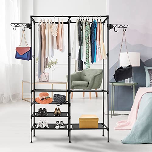 KOCASO Clothes Garment Rack 42.1"x14"x66.1", Metal Clothing Rack, Freestanding Wardrobe Closet Rack with 4 Shelves, Closet Organizer with 2 Hanging Rods Black