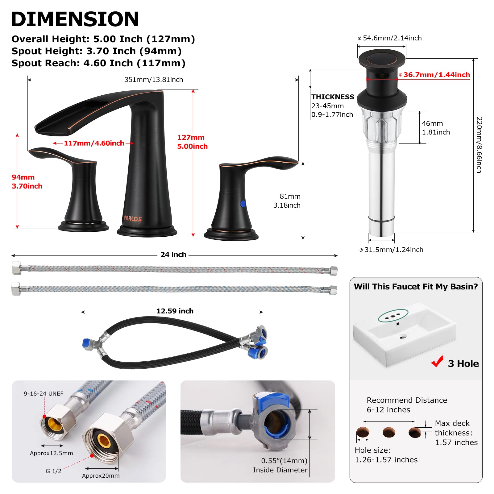 PARLOS Waterfall Widespread Bathroom Faucet Double Handles with Metal Pop Up Drain & cUPC Faucet Supply Lines, Oil Rubbed Bronze, Demeter 1431803