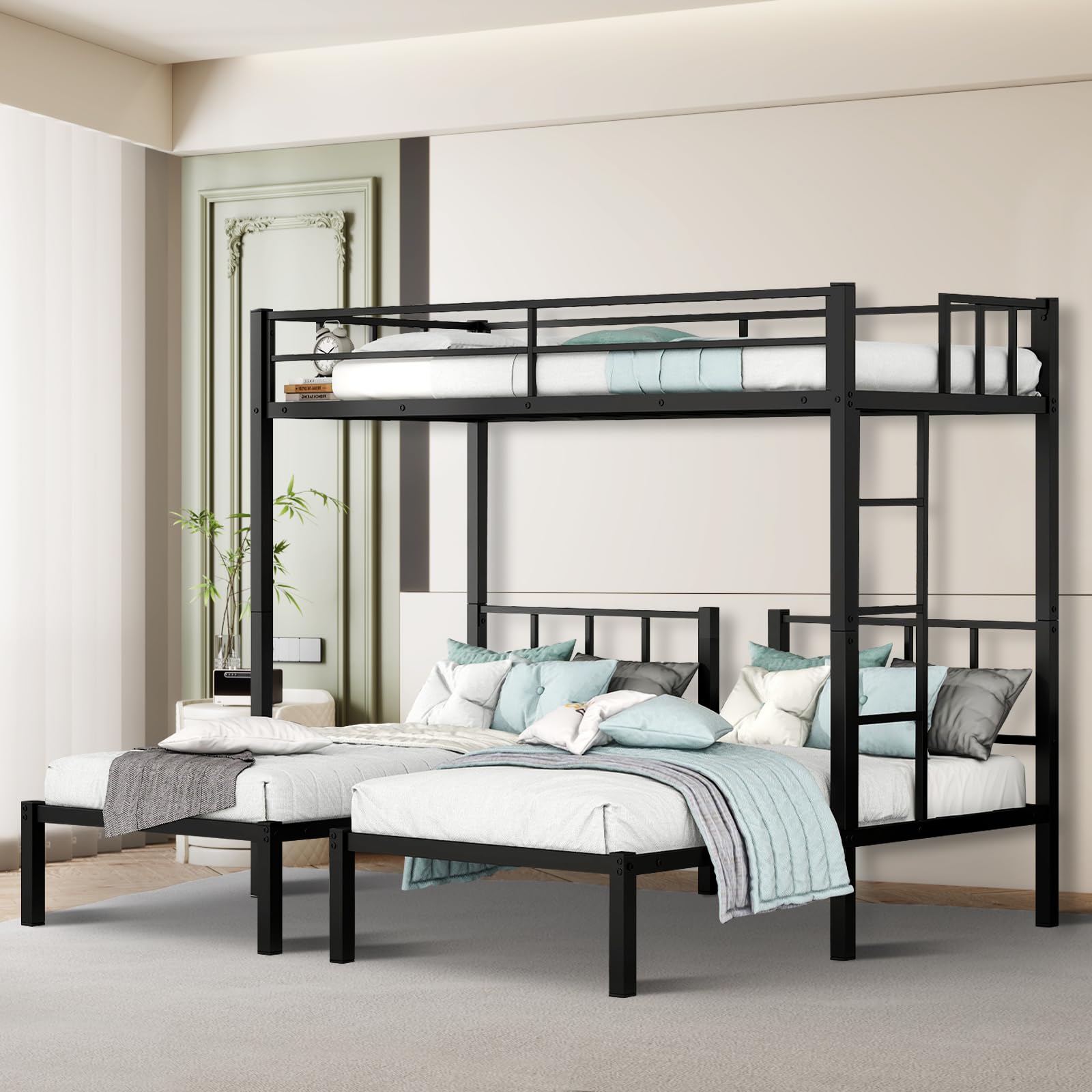 Morhome Triple Bunk Bed Twin Over Twin, Metal Triple Twin Bedframe with Safety Guardrail and Ladder, 3 Twin Bunk Beds for Kids/No Box Spring Needed/Easy Assemble