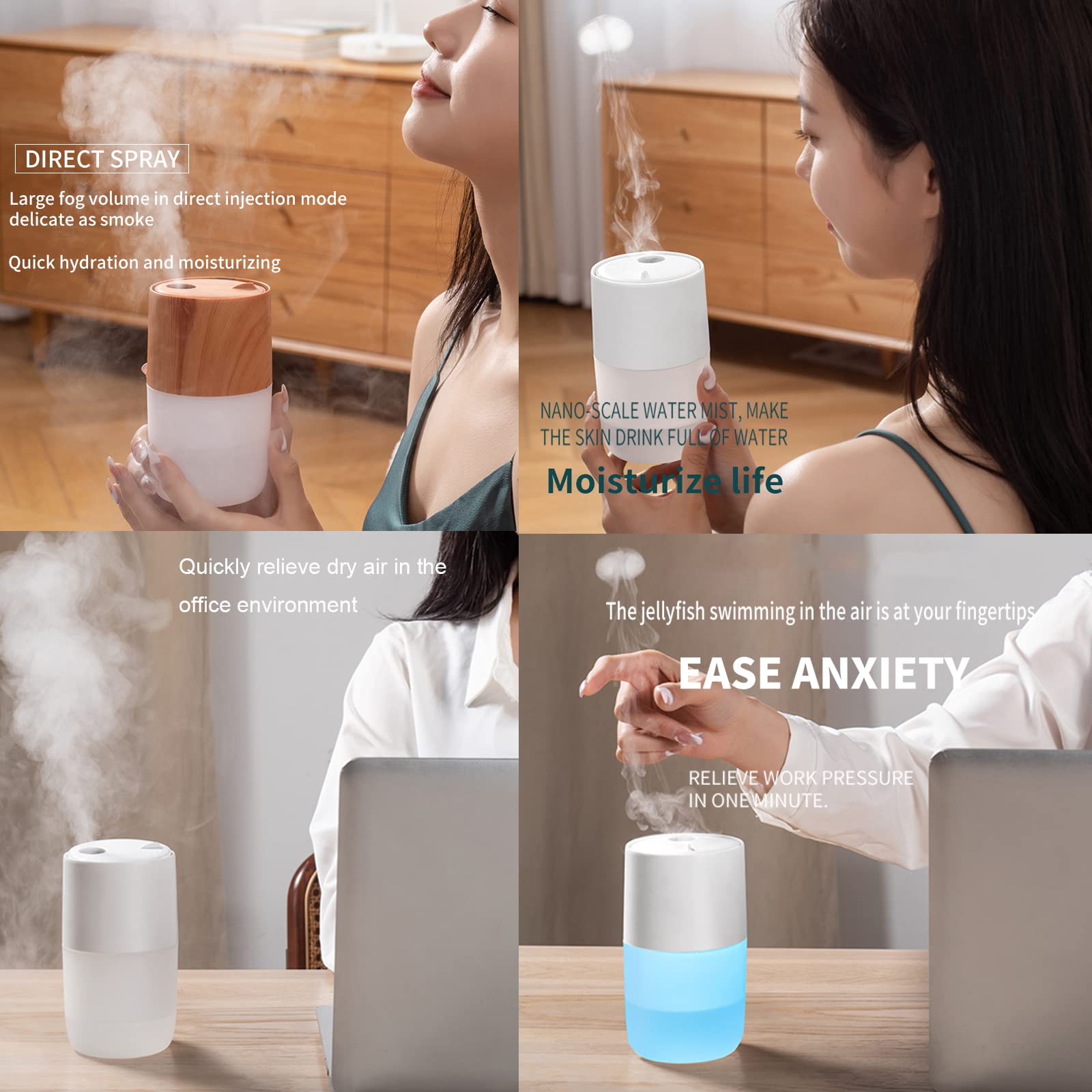 fuliying Cool mist humidifier-USB Personal Desktop Humidifier,Humidifier with jellyfish-shaped spray for stress relief,humidifiers for bedroom,Night Light Function,2 Mist Modes White