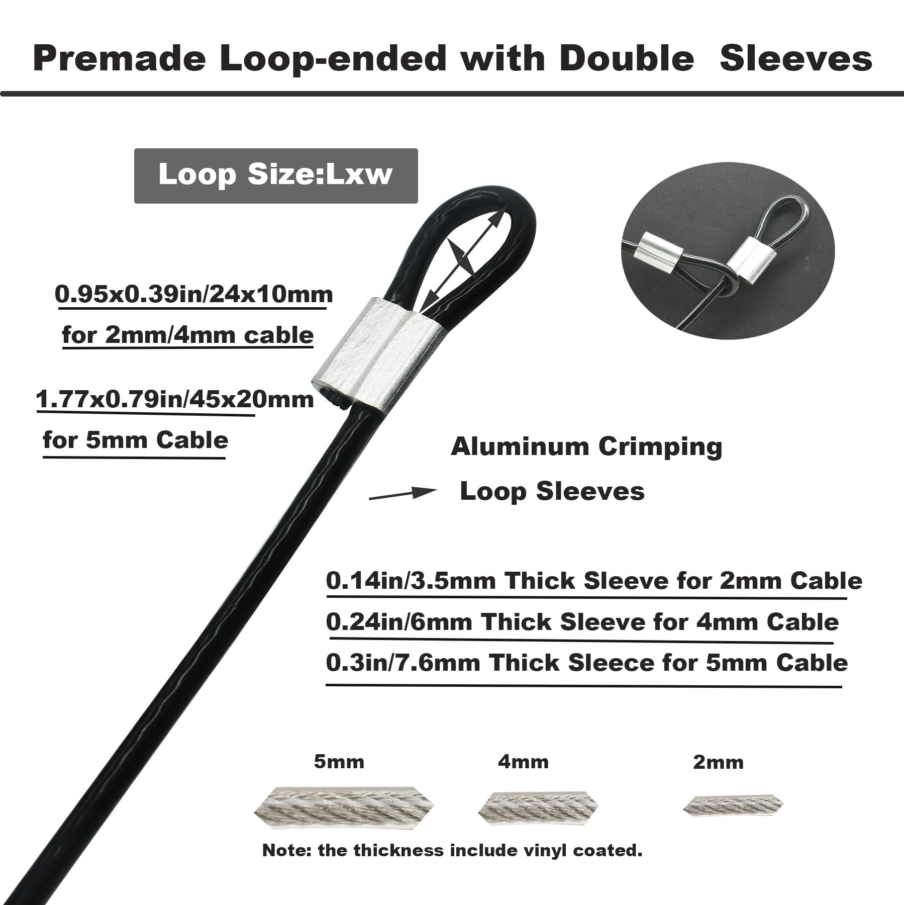 Floyutin 10 pcs 2mm Vinyl Coated Stainless Steel Cable with Loops Short Wire Rope Lanyard Lock Security Chain Link for Outdoor Gates,12 inch 30cm Black